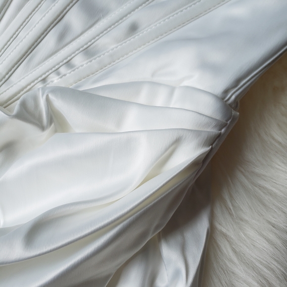 Dani•Thegirl | Dresses | Glossy White Satin Draped Off The Shoulder ...